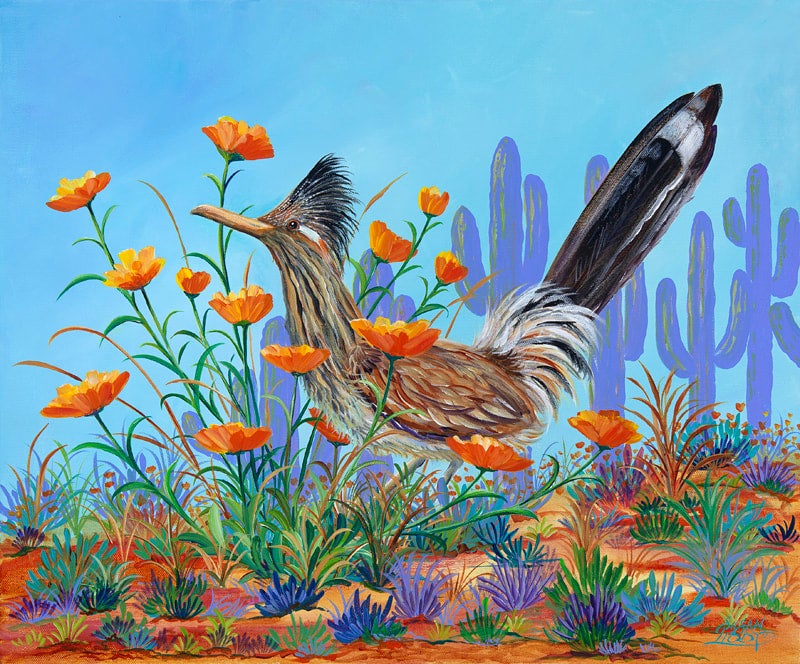 Greeting Card, Blank Inside, 5x7, Roadrunner, Saguaros | Susan Libby