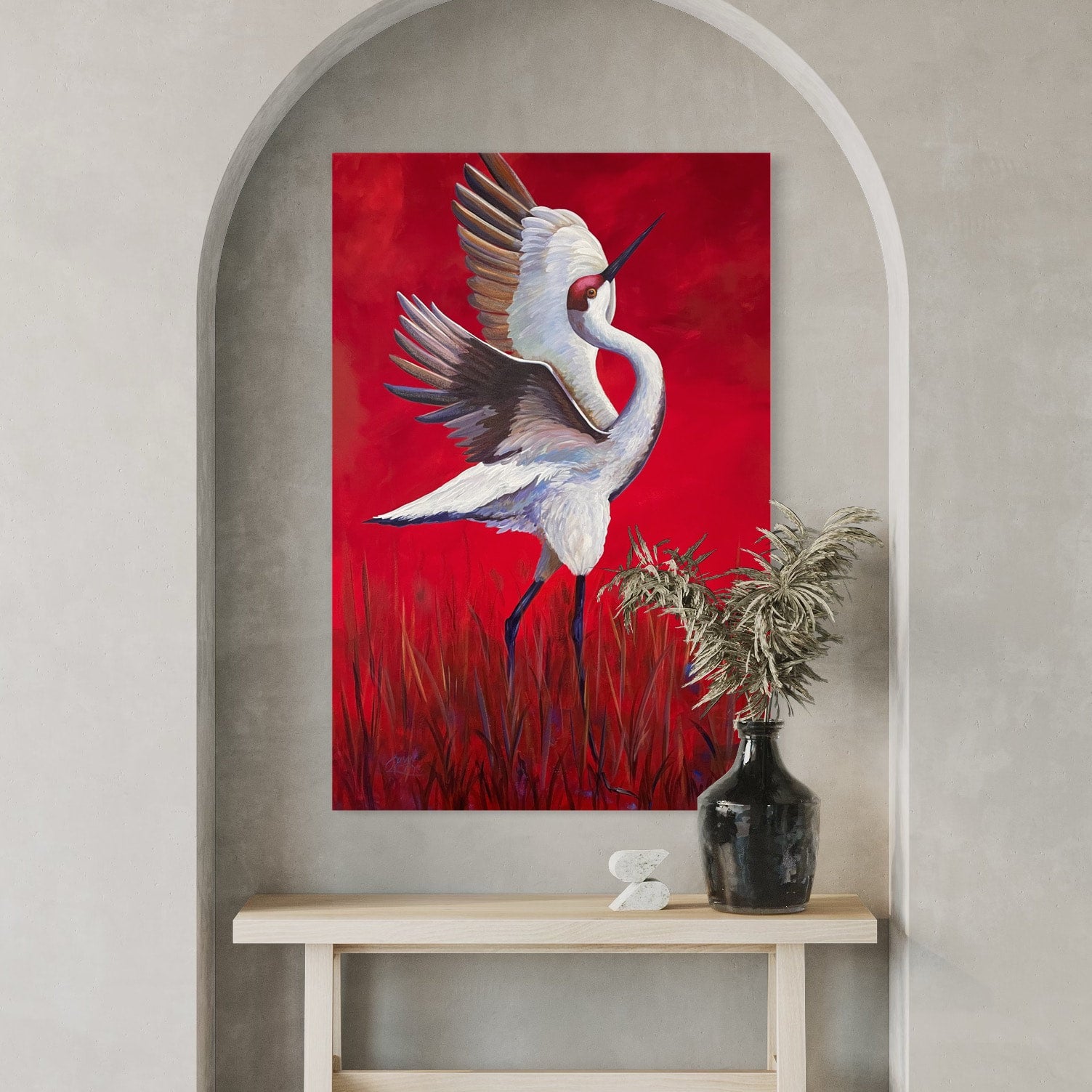 Original acrylic painting, sandhill cranes, dance, red and bright | Susan Libby